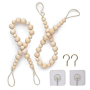 Wood Bead Curtain Tieback Set of 2, Curtain Holdback, Curtain Tie, Curtain Pull Back, Curtain Holder, Rope Curtain Tieback Hooks, Curtain Tie Back Curtain Tie Drape Beaded Curtain Tieback Boho Natural