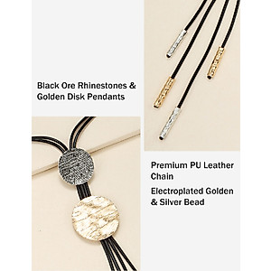 KISSKIKO Long Necklaces Tassel Sweater Chain for Woman | Girls Retractable Lucky Disk Pendant | Gold/Silver Black Ore Rhinestones PU Leather Rope Y Necklace Gift