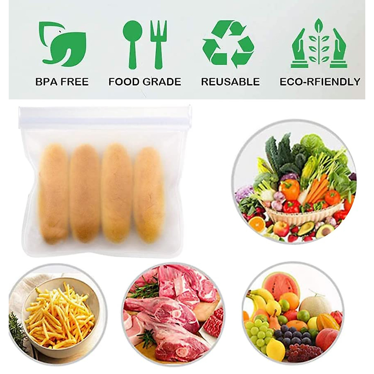 Lcjtop 10 Pack Reusable Food Storage Bags, 4 Stand Up & 6 Flat Ziplock Bags, Leakproof Reusable Freezer Bags & Plastic Free Zipper Bags for Meat Fruits and Vegetables