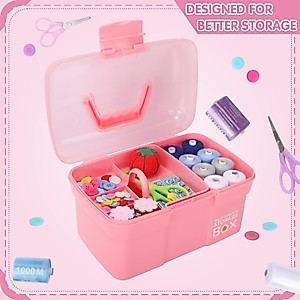 TERGOO 11in Mutipurpose Storage Box Organizer with Removable Tray, Portable Small Craft Box with Handle, Plastic Clear Tool Box Art Case for Makeup, Sewing, Nail, Hair Accessories (Pink)