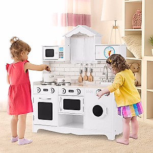 HONEY JOY Kids Kitchen Playset, 31 Inch Rooftop Wooden Play Kitchen for Toddlers, Microwave, Clock, Washing Machine, Cookware, Little Chef Pretend Play Toy Kitchen Set, Gift for Boys Girls, White