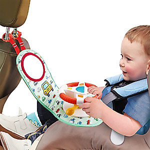 WISHTIME Car Seat Play Center Toy - Infant Toy Steering Wheel for Toddler Stroller Toy Baby Travel Companion Toy for Rear Car Seat Easier Drive Vehicle with Music, Light, Mirror