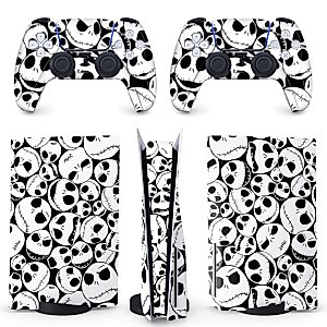 BelugaDesign PS5 Skulls Skin | Gothic Halloween Christmas Nightmare Vinyl Cover Wrap Sticker Full Set Console Controller | Compatible with Sony Playstation 5 (PS5 Regular Disc, White Black)