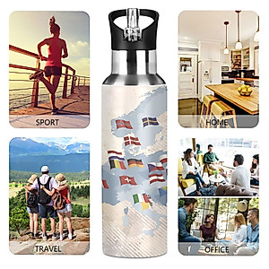Kigai World Map Eu Country Flag Water Bottle, Outdoor Sports Bottle With Wide Mouth Straw Lid, Stainless Steel Double Wall Vacuum Insulated Flask for School Gym 20 oz