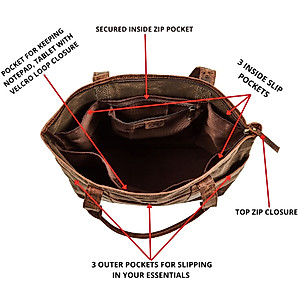 Wise Owl Accessories Tote Bag for Women Real Leather Shoulder Handbag Organizer Water Repellent Waxed Canvas with Compartments (Taupe)