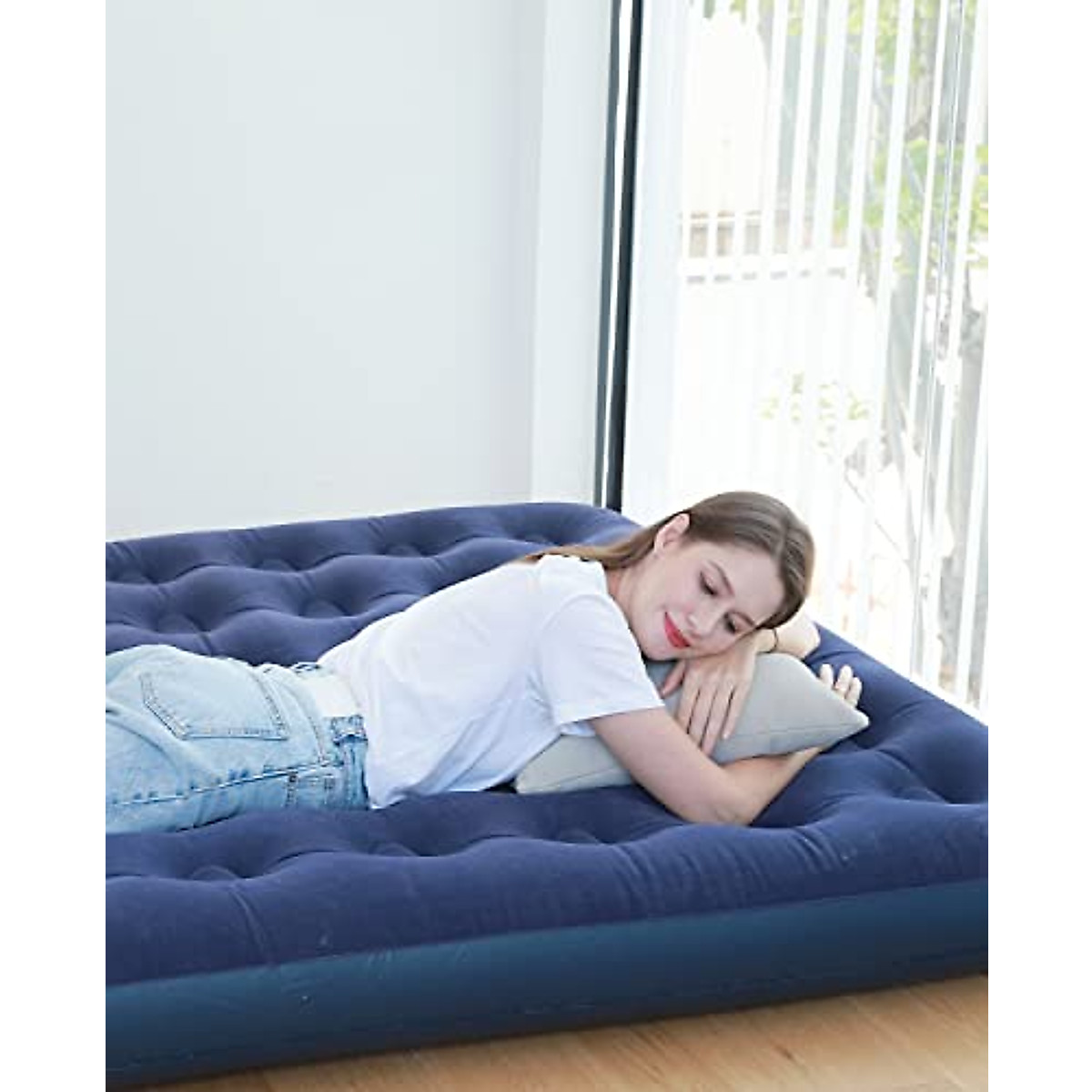 JEAOUIA Twin Size Air Mattress for Inflatable - Portable Blue Blow Up Mattresses with Flocked top - Single Foldable Air Bed for Tent Camping Home Travel Backpacking