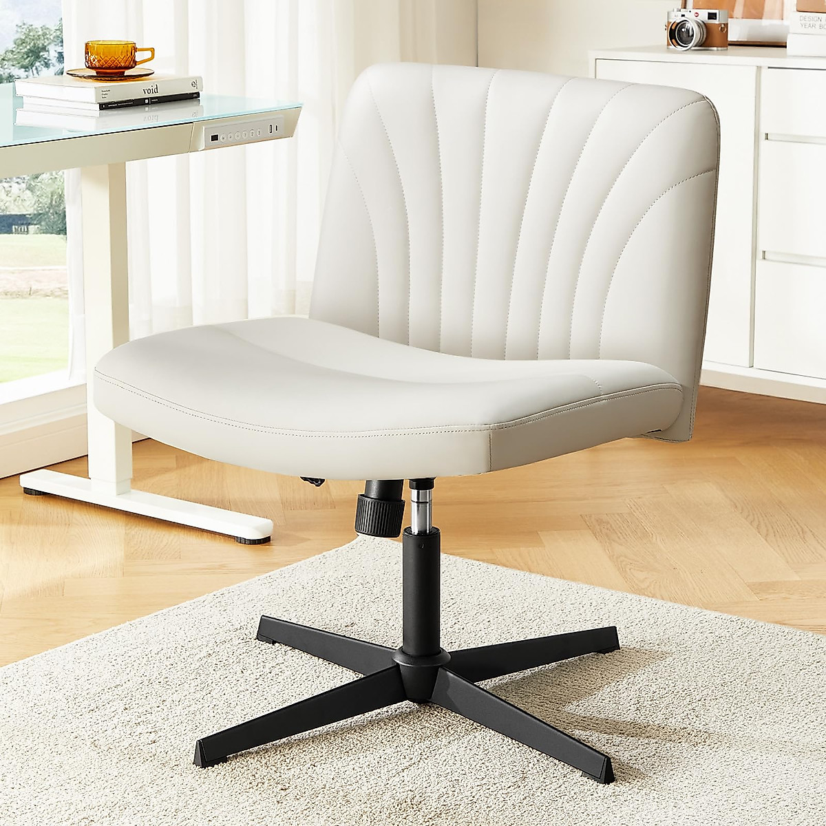 Marsail Cross Legged Office Chair: PU Leather Criss Cross Desk Chair Wide Armless Desk Chair Swivel Height Adjustable Vanity Chair for Make Up,Small Space,Bed Room(Beige)