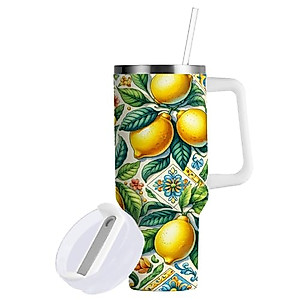 Jihqo Ceramic Tile Lemon Leaves 40 oz Stainless Steel Vacuum Insulated Tumbler with Handle and Straw Lid, Leakproof Water Bottle Double Wall Travel Mug Coffee Cup, Cupholder Friendly