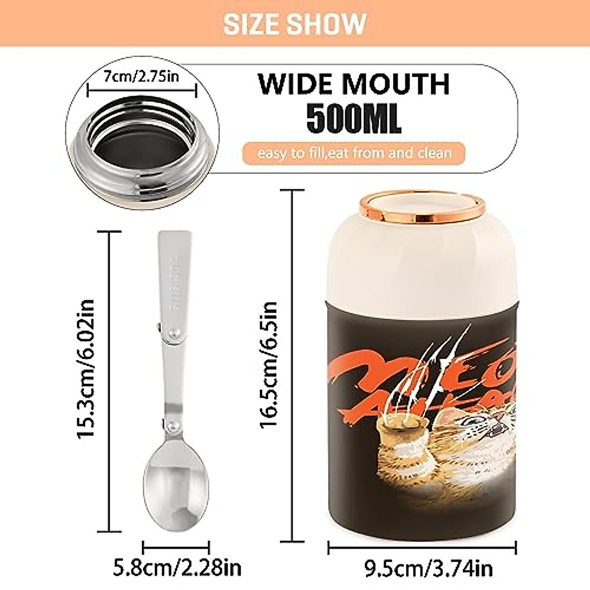 CUPADA Meow Attack Cartoon Food Jar, Cat Scratch Black Insulated Hot Food Jars Vacuum 17OZ with Folding Spoon for Work Trip Picnic Camping