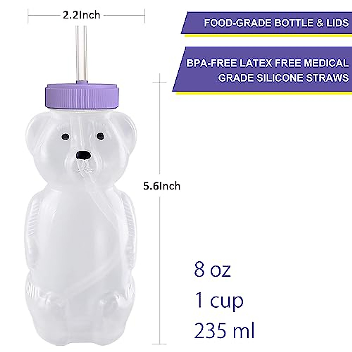 Honey Bear Straw Cups, Juice Bear Bottle Drinking Cup Long Straws with 4 Flexible Straws & Cleaning Tools, 8-Ounce Therapy Sippy Bottles for Speech and Feeding Training, Food-Grade & BPA Free 2 Pack
