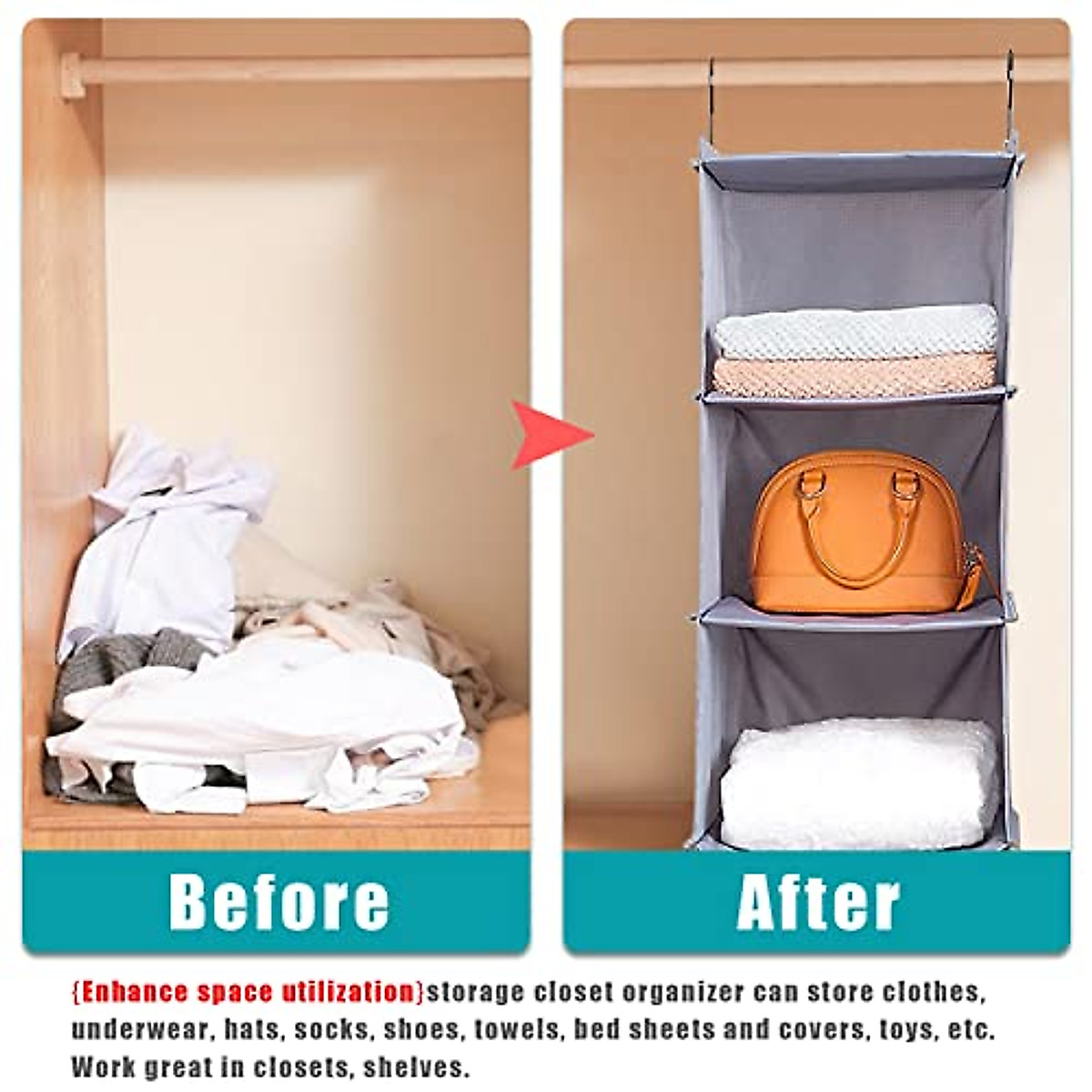 DonYeco Bundles of 3-Shelf Hanging Oxford Closet Organizers and Storage & 3-Shelf Hanging Closet Organizers and Storage with 4 Side-Pockets