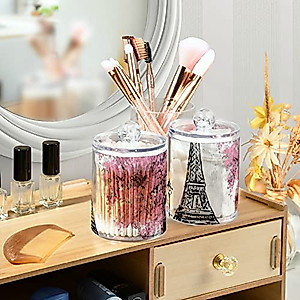 WELLDAY Apothecary Jars Bathroom Storage Organizer with Lid - 14 oz Qtip Holder Storage Canister, Pink Paris Tower Clear Plastic Jar for Cotton Swab, Cotton Ball, Floss Picks, Makeup Sponges,Hair Clip