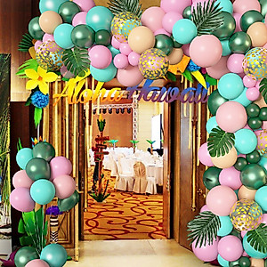 140Pcs Jungle Safari Theme Birthday Party Supplies, Tropical Balloon Garland Arch Kit Decorations Pink and Green Balloons Tropical Leaves Kids Girl Hawaii Wild One Baby Shower Birthday Party Supplies