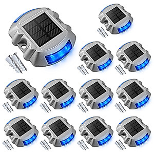 VOLISUN Solar Deck Lights Driveway Dock Lights, 12-Pack Led IP67 Waterproof Outdoor Warning Step Lights for Driveway Sidewalk Garden Pathway Yard (Blue)