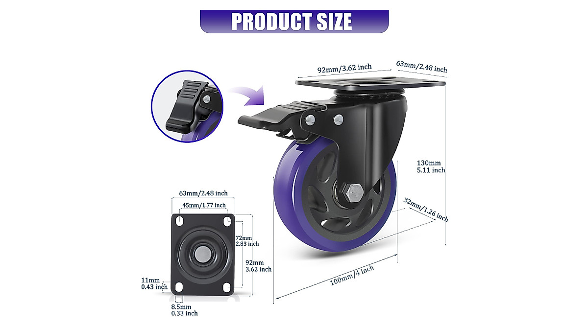 Heavy Duty 4 Inch Caster Wheels with Brake - 2000lbs Capacity