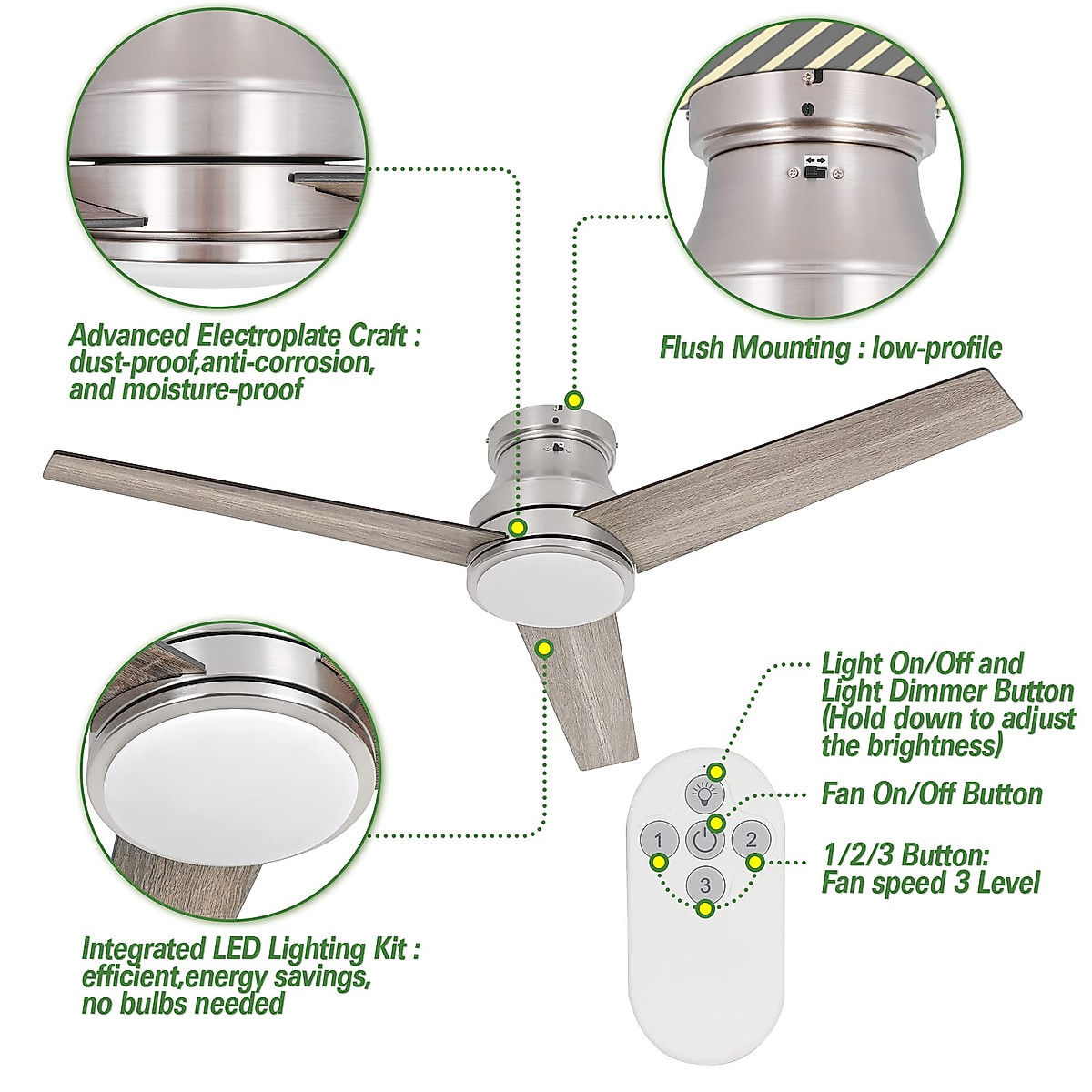 hykolity 52 inch Flush Mount Ceiling Fan with LED Lights(3000K/4000K/5000K) Remote Control, Noiseless Reversible Motor, Low Profile Ceiling Fan, 3 Speed, ETL, DOE, CEC Listed, Brushed Nickel