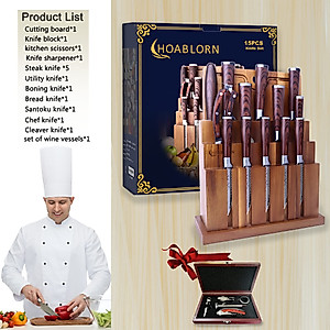 Knife Set with Block German Stainless Steel Forged Knife Block Set, Hoablorn Knife set for Kitchen Knife Set of 15 Pcs and 5Pcs Wine Set for Family Chefs Gifts…