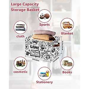 Video Game Cube Storage Organizer Bins with Handles,15x11x9.5 Inch Collapsible Canvas Cloth Fabric Storage Basket,Black Grey Sketch Art Teen 90's Print Gaming Books Kids' Toys Bin Boxes for Shelves