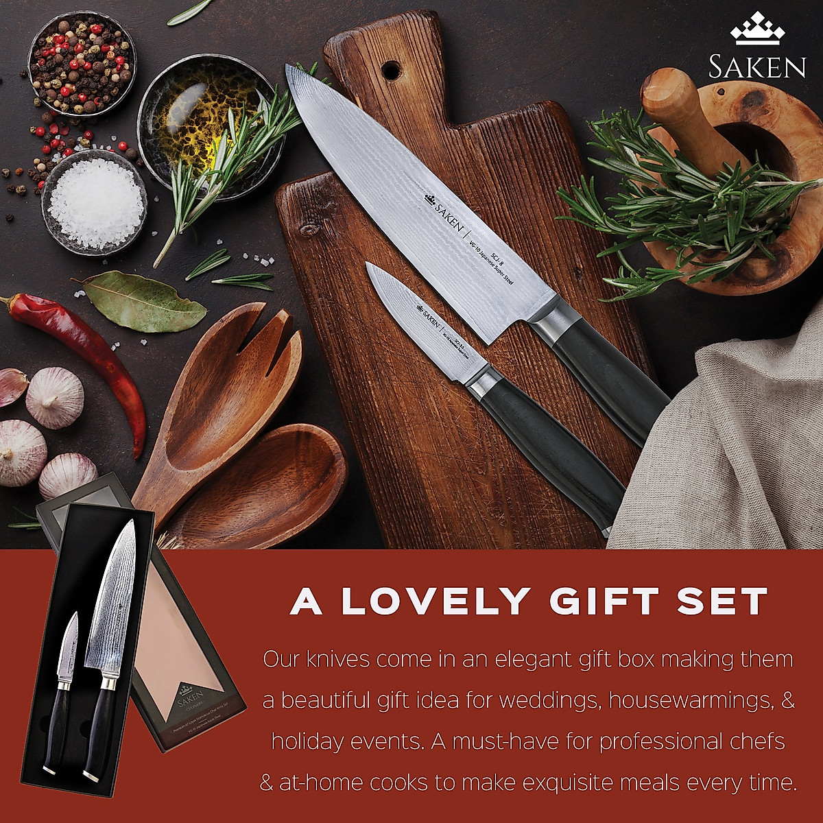 Saken Razor Sharp Damascus Steel 8” Chef Knife Set with 3.5" Paring Knife – Premium Japanese VG-10-67 Layers Folded Steel Kitchen Knives - Natural Non Stick - by Saken