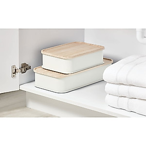 iDesign Recycled Plastic Medium Storage Bin with Paulownia Wood Lid, 8.4" x 16.9" x 3", Coconut