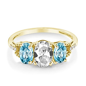 Gem Stone King 10K Yellow Gold White Created Sapphire Blue Zircon and White Diamond 3-Stone Engagement Ring For Women (2.32 Cttw, Available In Size 5, 6, 7, 8, 9)