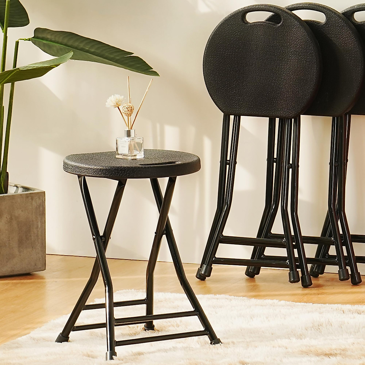 Allpop 2 Pack Folding Stool 18 Inch, Foldable Stool Chair Set of 2, 550lbs Capacity, Portable Round Bar Stool with Handle for Adults Kitchen Garden, Black