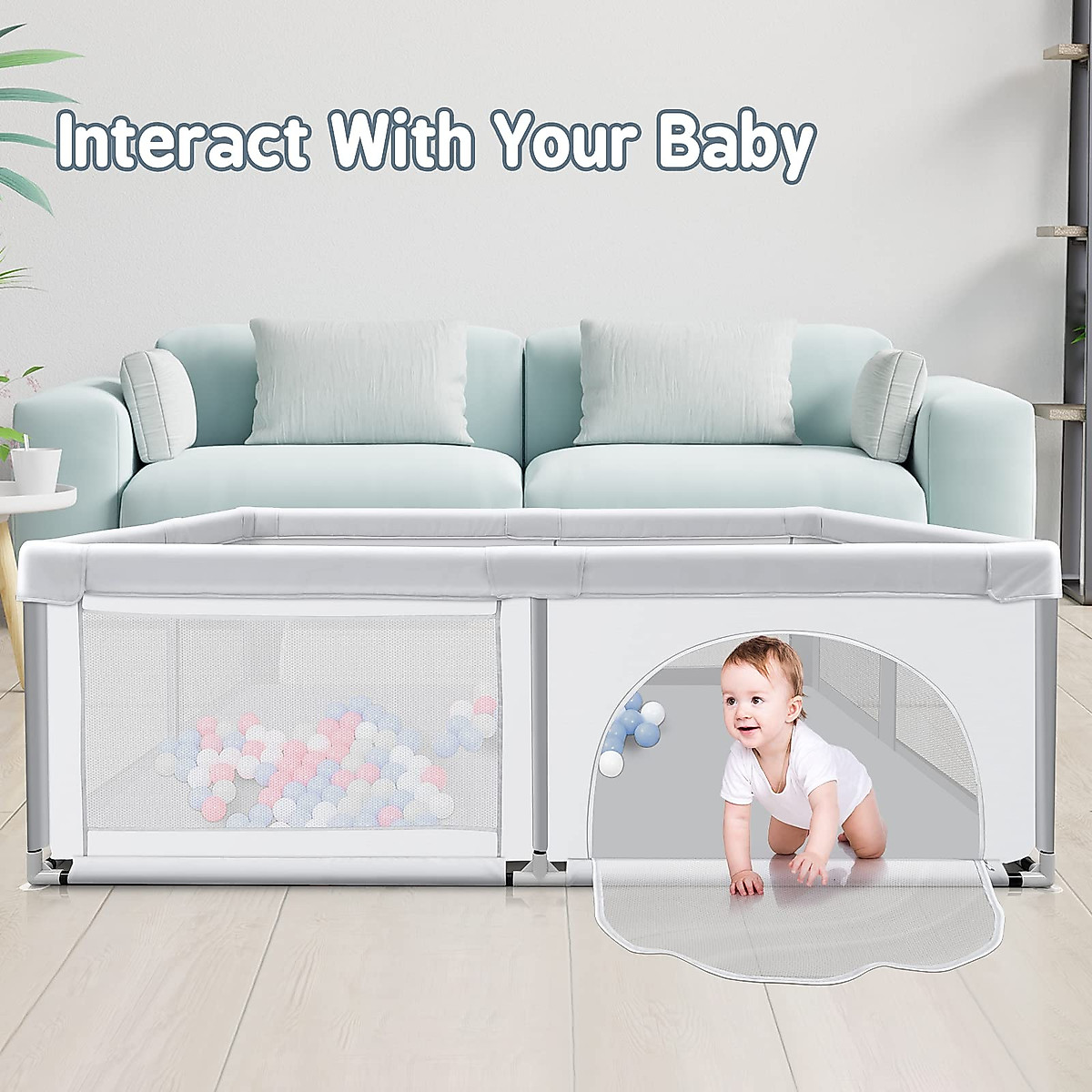 Baby Playpen, ALVOD 71x59'' Playpen for Toddler, Playpen for Babies with Gate, Baby Playard with Anti-Slip Sucker and Tear-Resistant Mesh, Indoor Outdoor Kids Activity Center, Sturdy Safety Baby Fence