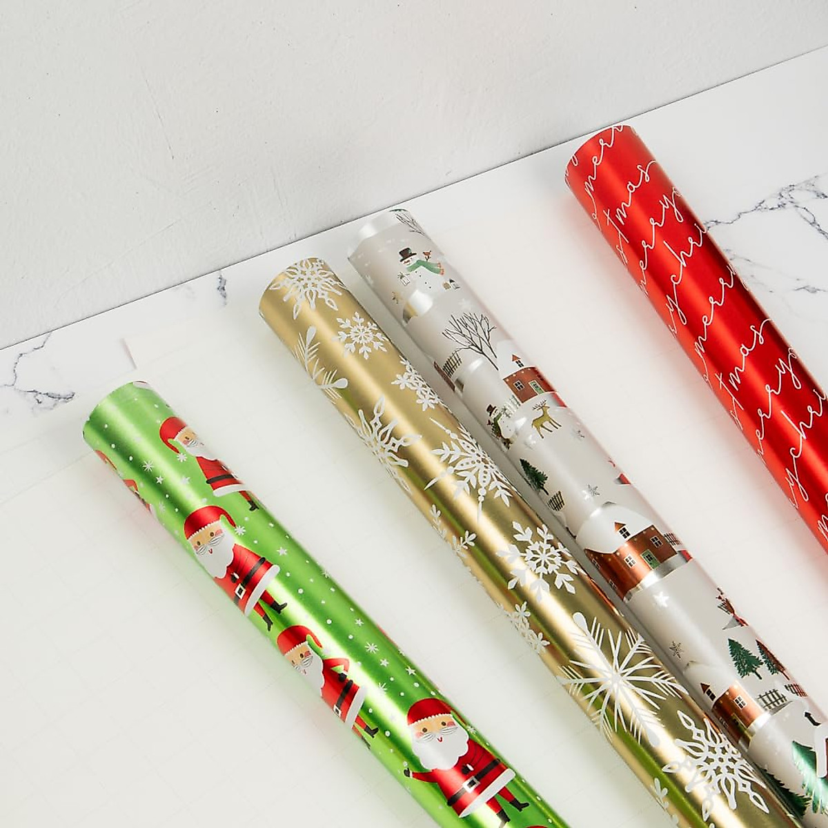 JAMPaper Assorted Gift Wrap - Christmas Foil Wrapping Paper - 100 Sq Ft Total - Elegant Merry Christmas Reindeer Set - 4 Rolls/Pack