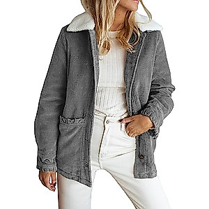 Dokotoo Womens Casual Jackets Winter Warm Thick Sherpa Lined Corduroy Jacket Teddy Bear Button Down Fleece Fluffy Lapel Collar Ruffle Long Sleeve Cute Fall Coat Outwear with Pockets Gray XL
