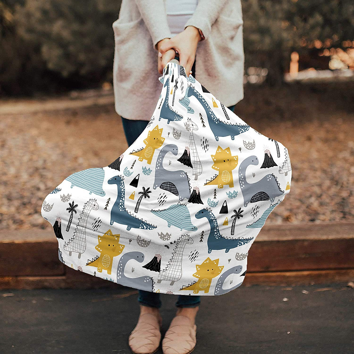 Baby Car Seat Covers Dinosaur, Nursing Cover Breastfeeding Scarf/Shawl, Infant Carseat Canopy, Stretchy Soft Breathable Multi-use Cover Ups, Cartoon Dinosaurs Cute Sketch with Volcanic