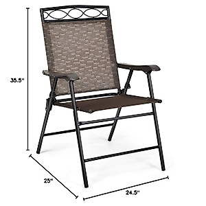 Giantex Set of 2 Patio Chairs, Outdoor Folding Lawn Chairs for Beach, Backyard, Deck, Patio Dining Chairs, Sling Chairs with Armrest and Metal Frame, Folding Camping Chairs (Brown)