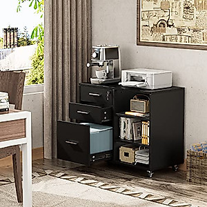 Shahoo 3 Drawer Filing Cabinet, Mobile Lateral Printer Adjustable Open Storage Shelf, Lockable Wheels for Home Office, Dark Black