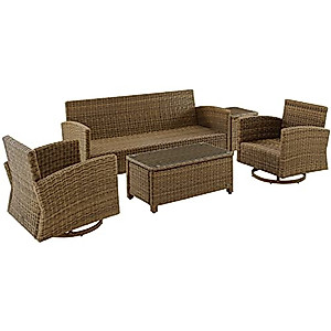 Crosley Furniture Bradenton 5-Piece Wicker Outdoor Sofa and Swivel Rocker Patio Furniture Set for Porch, Brown with Sand Cushions