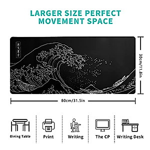 Japanese Sea Wave Gaming Mouse Pad 31.5x11.8 Inch Anime Black Mouse Pad Big Kanagawa Large Mousepad Extended Non-Slip Rubber Base Waterproof Big Keyboard Mat with Stitched Edges for Gaming and Office