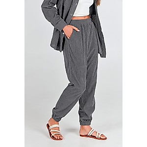 PRETTYGARDEN Women's 2 Piece Outfits Casual Corduroy Long Sleeve Button Down Jacket and Pants Tracksuit with Pockets (Grey,Large)