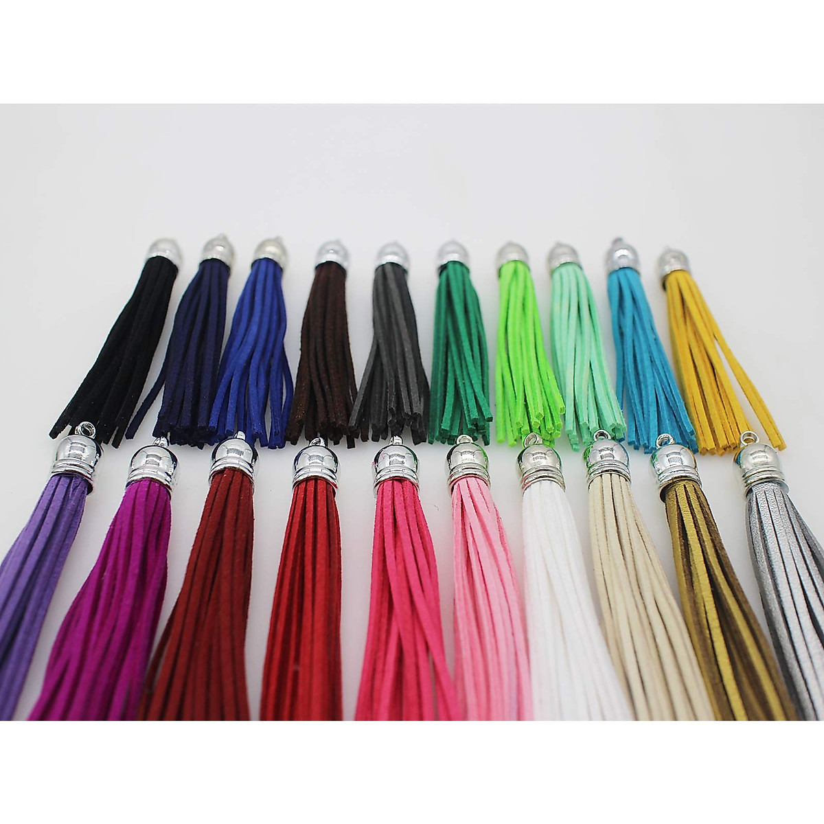 PAMIR TONG 100pcs Faux Suede Leather Bulk Sets Tassels for Decorations, Key Chain, Earring, Cellphone Straps,Jewelry Accessories,DIY Craft (Silver, Keychain)