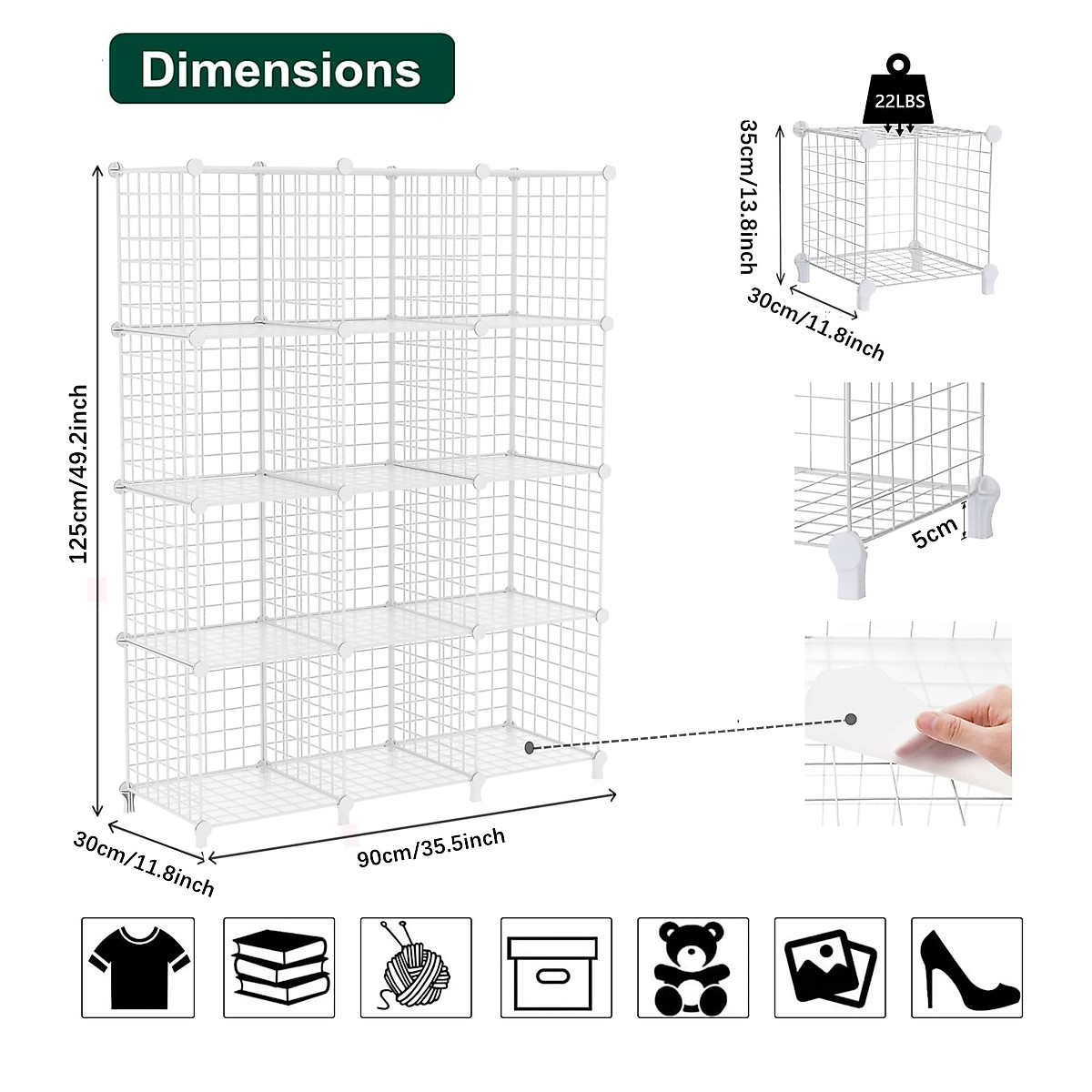 AWTATOS Wire Cube Storage Organizer, Closet Organizers and Storage, Metal 12 Cube Storage Shelves Bookshelf, Portable Closet Clothes Organizer for Bedroom, Home, Office, White