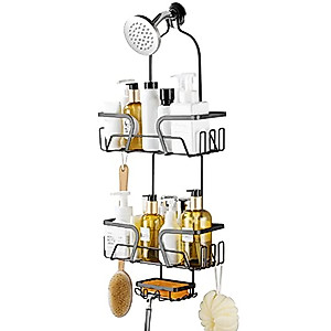 Taozun Shower Caddy Over Shower Head - Hanging Shower Caddy Rustproof Stainless Shower Organizer Hanging Storage Rack Basket with 6 Hooks for Soap and Sponge - Black