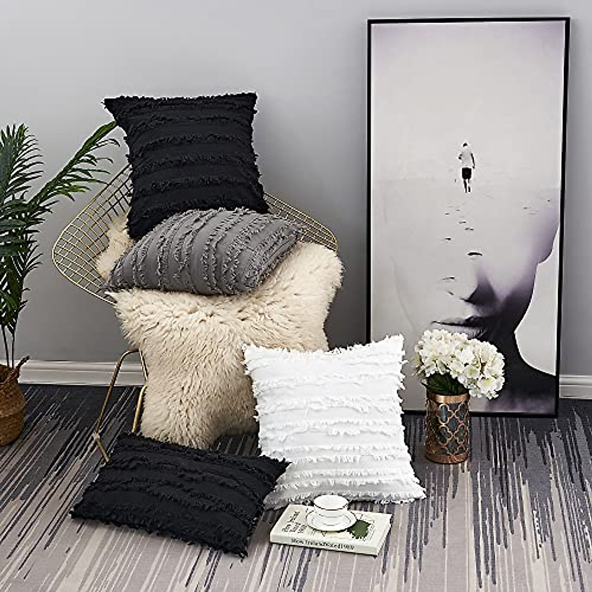Longhui bedding Black Throw Pillow Covers for Couch Sofa Bed, Cotton Linen Decorative Pillows Cushion Covers, 18 x 18 inches, Set of 2, No Inserts