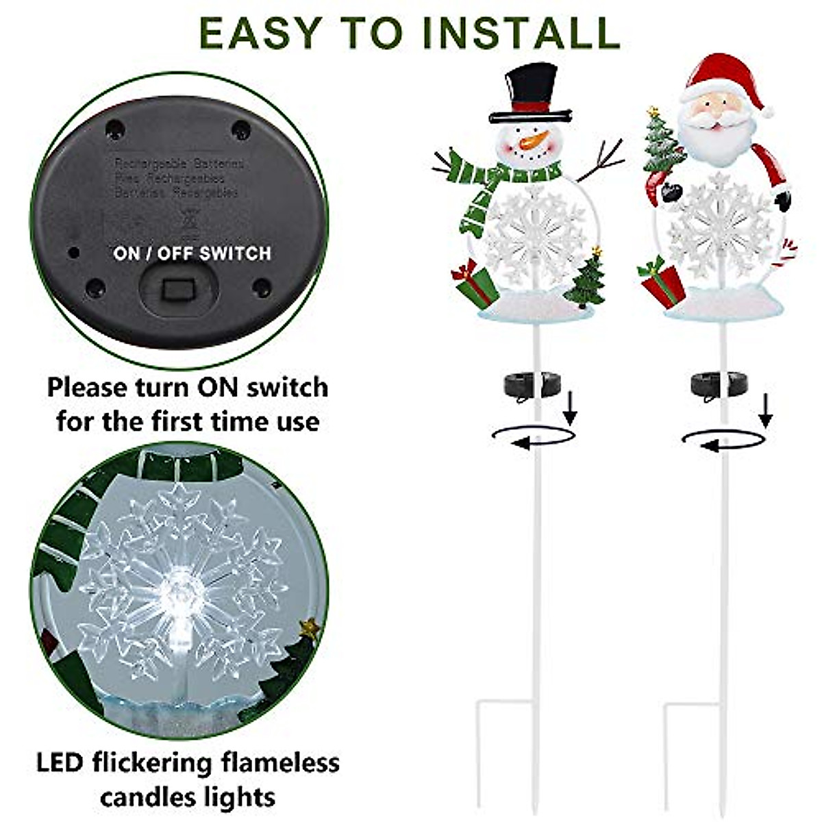 FORUP Solar Christmas Yard Decorations, Outdoor LED Solar Powered Snowflake Xmas Pathway Lights, Metal Garden Stake Lights, Snowman Santa Christmas Lawn Yard Ornament, Set of 2