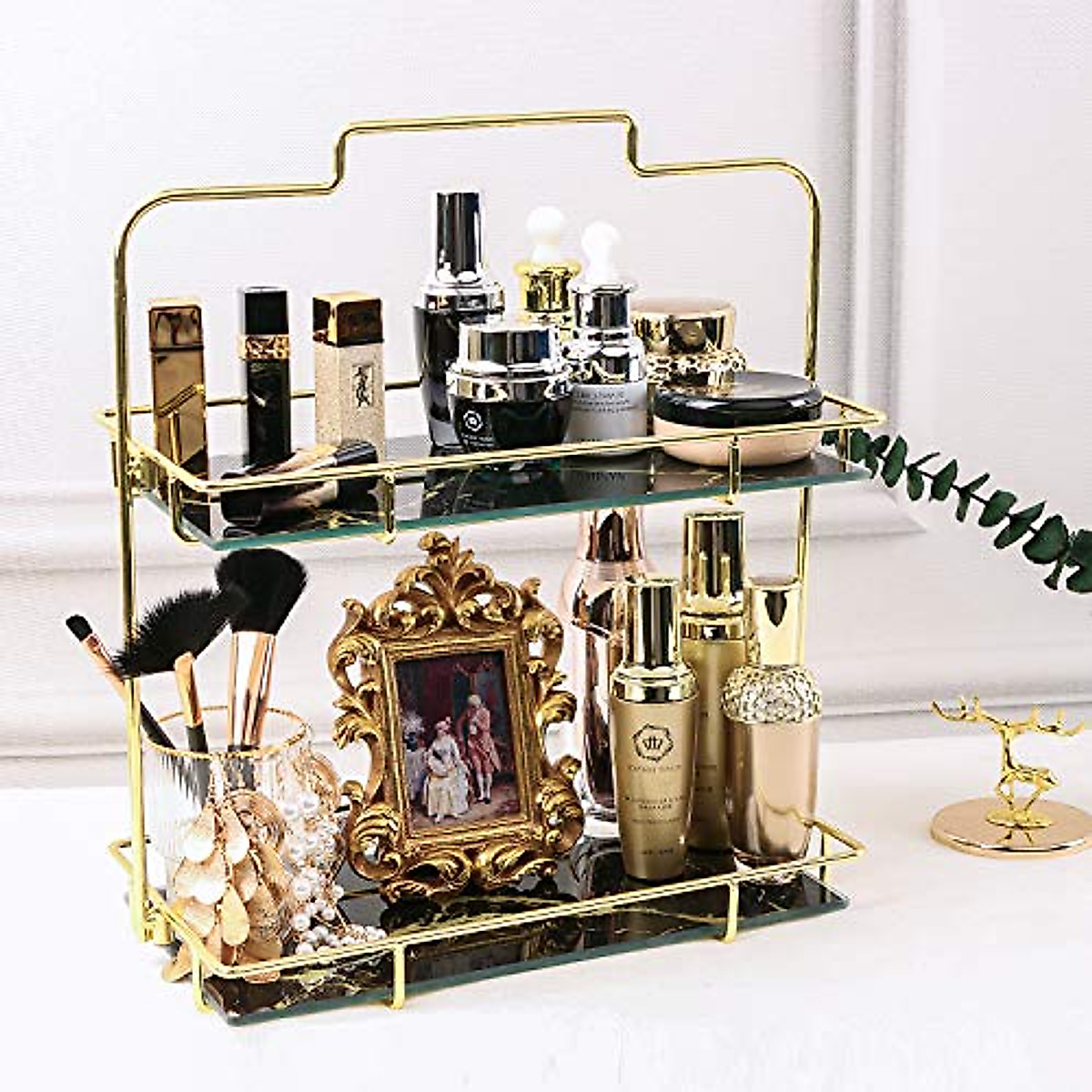 Simmer Stone Makeup Organizer Shelf, 2 Tier Cosmetic Storage Basket with Removable Glass Tray, Wire Vanity Organizer Rack for Dresser, Countertop, Bathroom and More, Gold