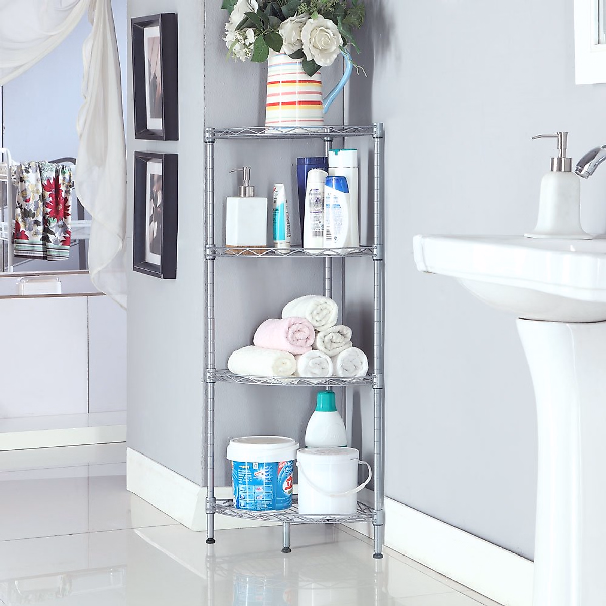 Kcelarec 4 Tier Corner Storage Shelves, Wire Shelving Unit, Metal Shelf, Steel Storage Rack 11.8" L x 11.8" W x 35.4" H for Laundry Bathroom Kitchen Pantry Closet