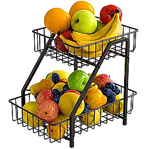 MaraFansie 2-Tier Fruit Basket Countertop Fruit Bowl Bread Basket Vegetable Holder Storage Stand, Black
