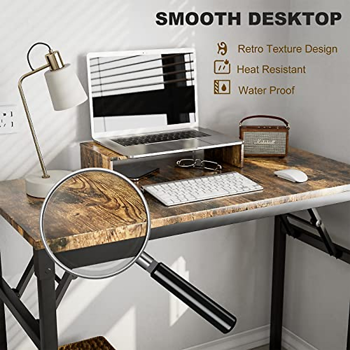 RISWER Computer Desk with Monitor Riser Folding Table Home Office Writing Study Desk 39” Width 19” Depth with Industrial Style Small Table Metal Frame Rustic Brown