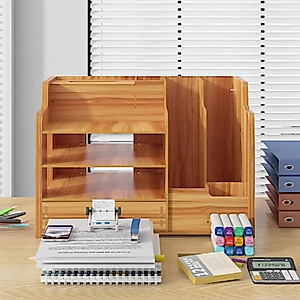 4 Tiers Office Wood Desktop Organizer, A4 Paper File Rack with Vertical Horizontal File Holder, Supplies Storage Box Mail Sorter on Desk Tabletop Binder Folder Letter Trays