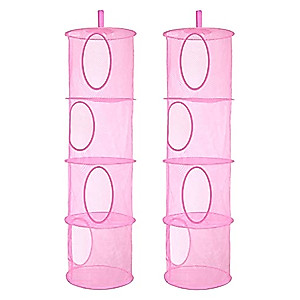 2Pcs Stuffed Animal Storage Foldable Stuffed Animal Net or Hammock Organizer, 4 Compartments Hanging Mesh Toy Storage Hammock for Kid Room Toys, Gloves, Hats, Socks（Pink）