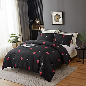 LAMEJOR Black Duvet Cover Set Twin Size Red Strawberry Print Soft Bedding Set Comforter Cover (1 Duvet Cover + 2 Pillowcases)
