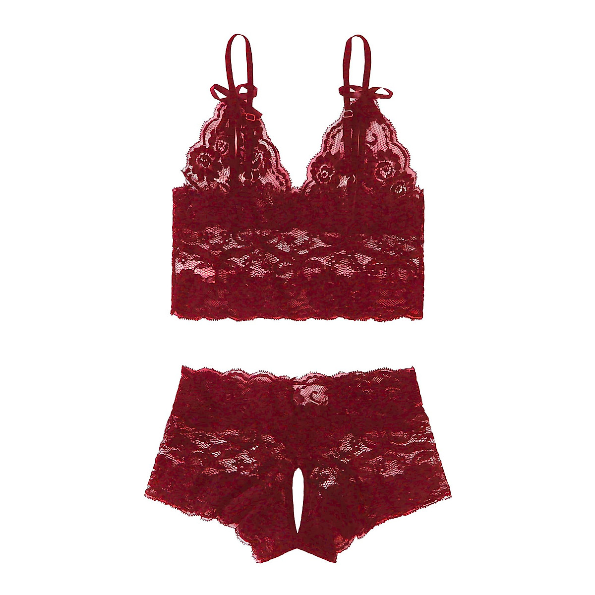 SweatyRocks Women's 2 Piece Lingerie Set Sheer Lace Cut Out Bra and Panty Teddy Lingerie Burgundy M