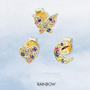 FANCIME Butterfly Studs 14K Solid Yellow Gold Multicolored 0.132ct Sapphire 0.012ct Diamond Small Tiny Cute Stud Earrings for Women Valentines Day Gifts