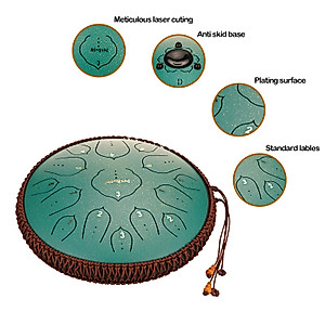 14 Inch 15 Note Steel Tongue Drum Qingshi Percussion Instrument Lotus Hand Pan Drum with Drum Mallets Carry Bag，Used for music education concert spiritual healing yoga meditation (Green)